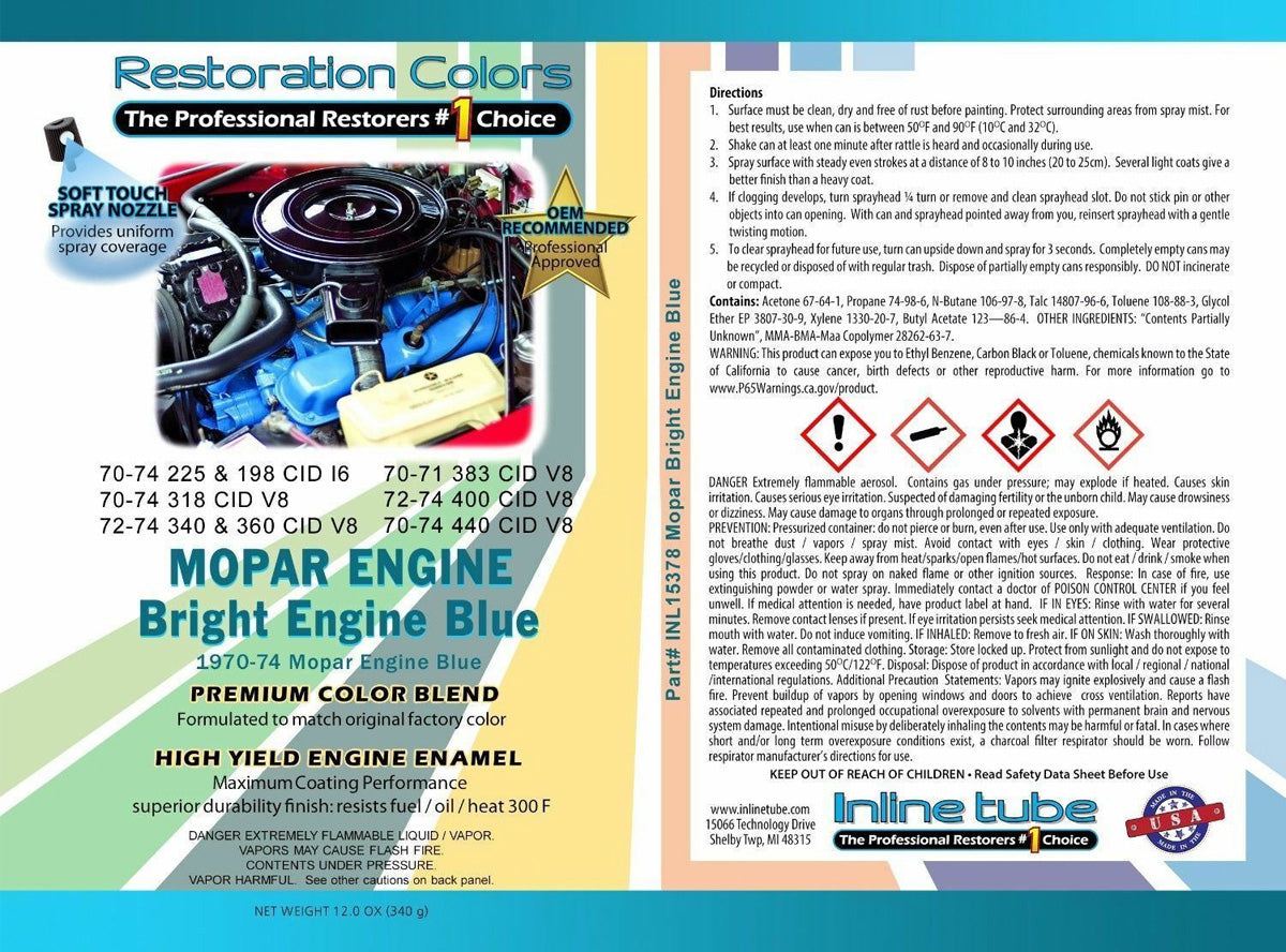 1970 - 1974 Mopar Bright Blue Engine Spray Paint 1pc – Inline Tube